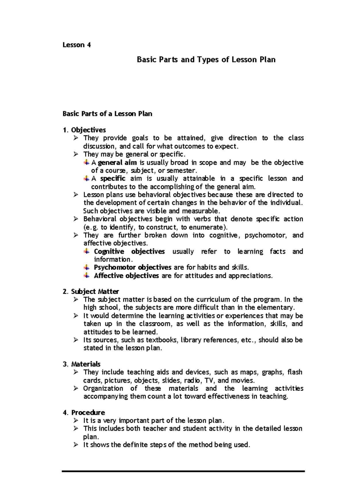 Lesson 4 Basic Parts and Types of Lesson Plan - They may be general or ...