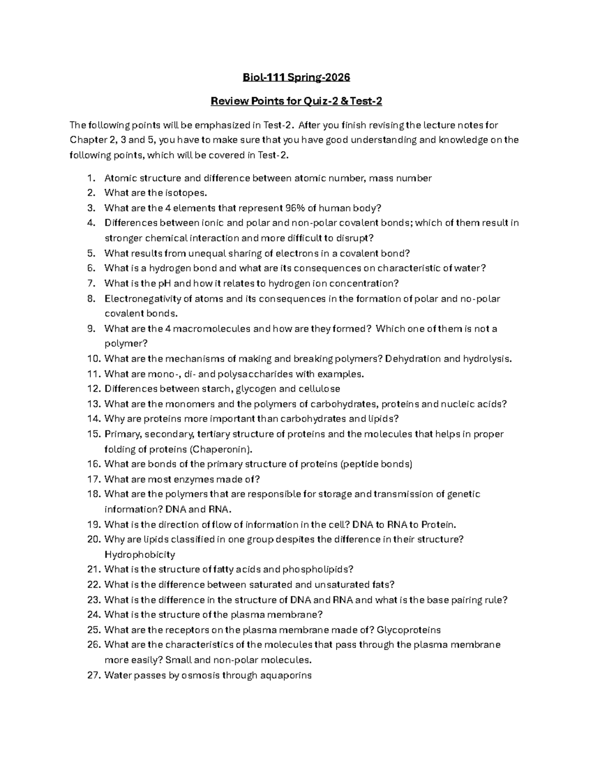 Biol-111 Spring-2026 Quiz-2 & Test-2 Review Points - Studocu