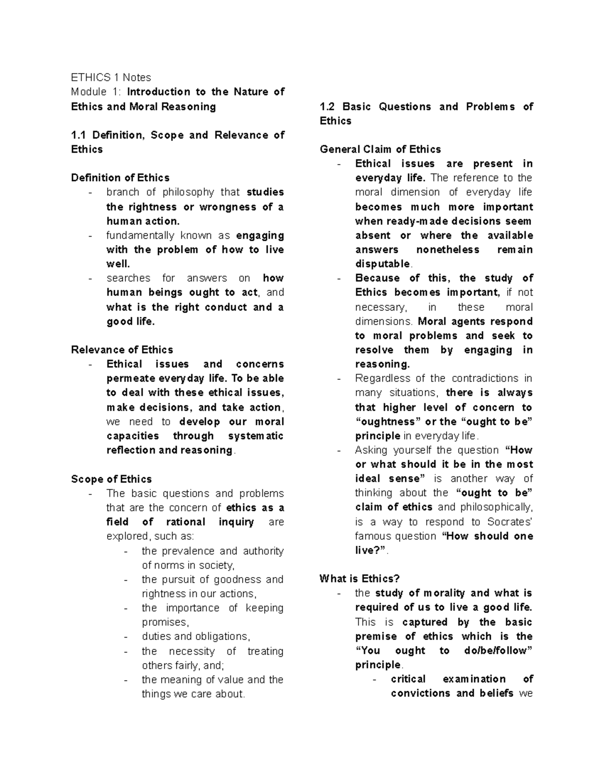 Ethics 1 Module 1: Intro to Ethics & Moral Reasoning Notes - Studocu