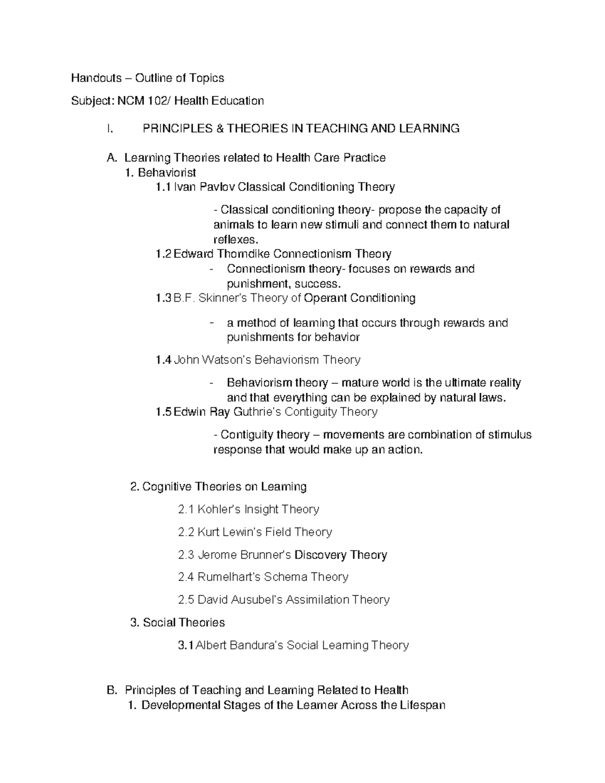 NCM 102 Health Education Lecture Summary: Key Teaching Theories and ...