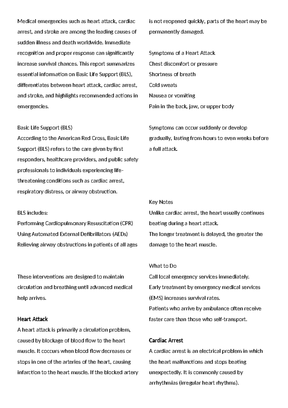 BLS Report: Recognizing and Responding to Heart Emergencies - Studocu