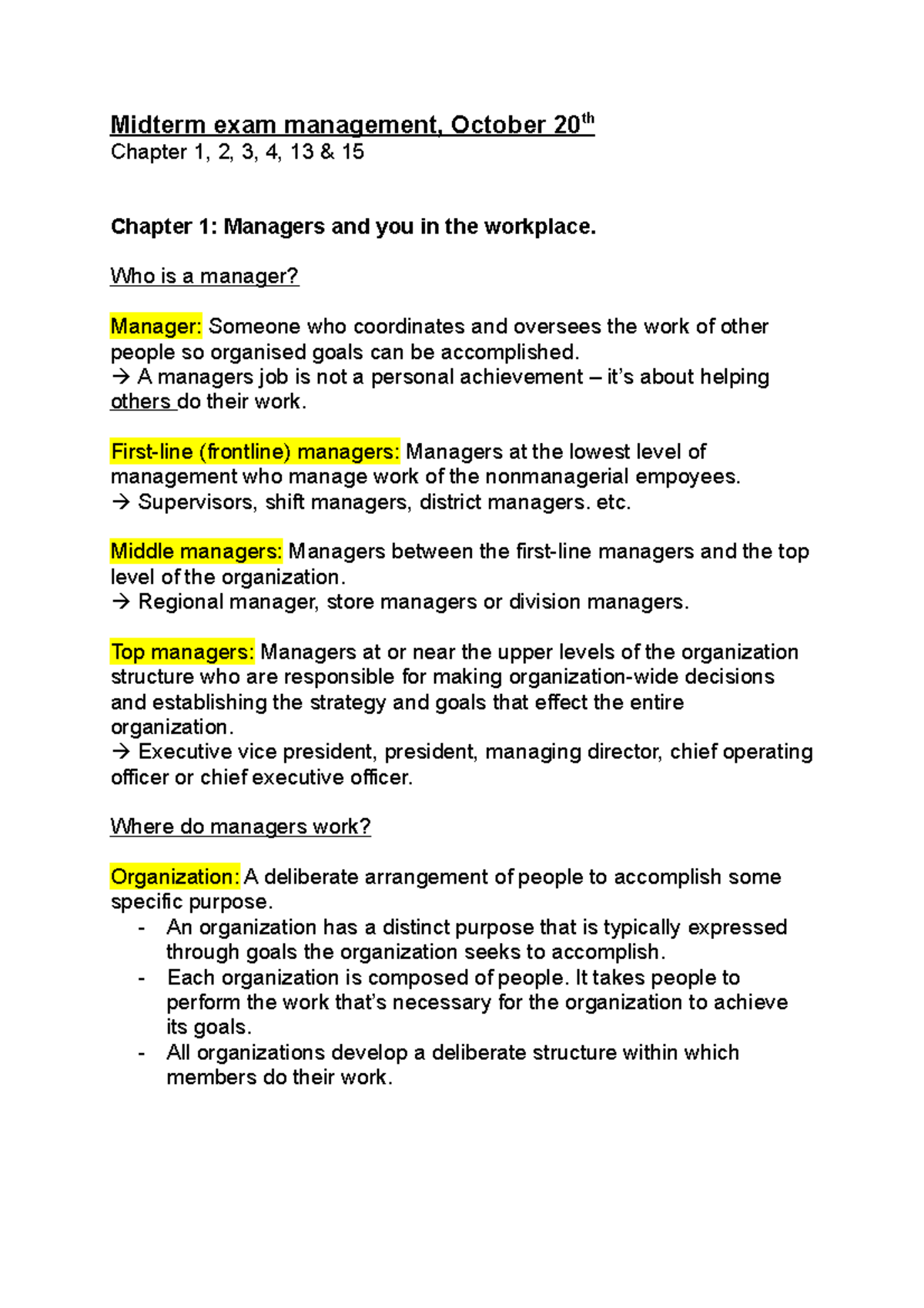 Midterm Exam Summary: Key Concepts in Management (Course Code) - Studeersnel