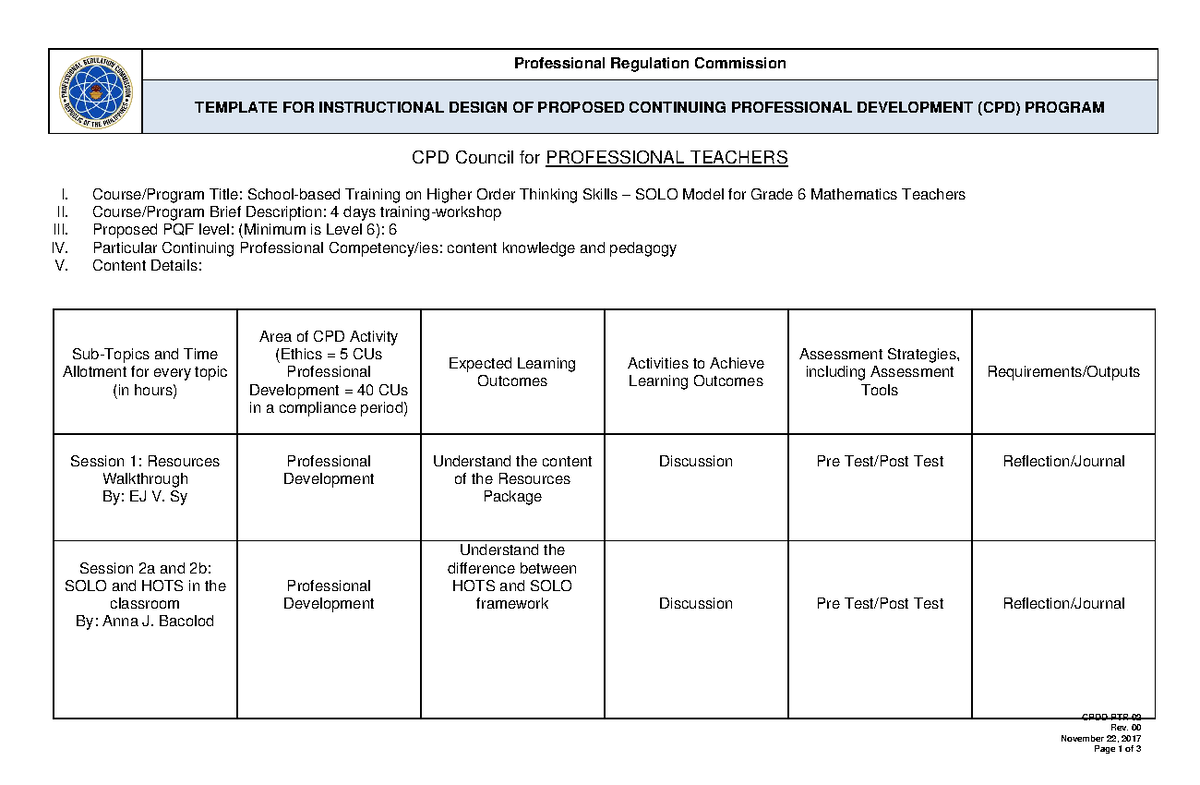CPD Program Template: Training on HOTS SOLO Model for Grade 6 Teachers ...