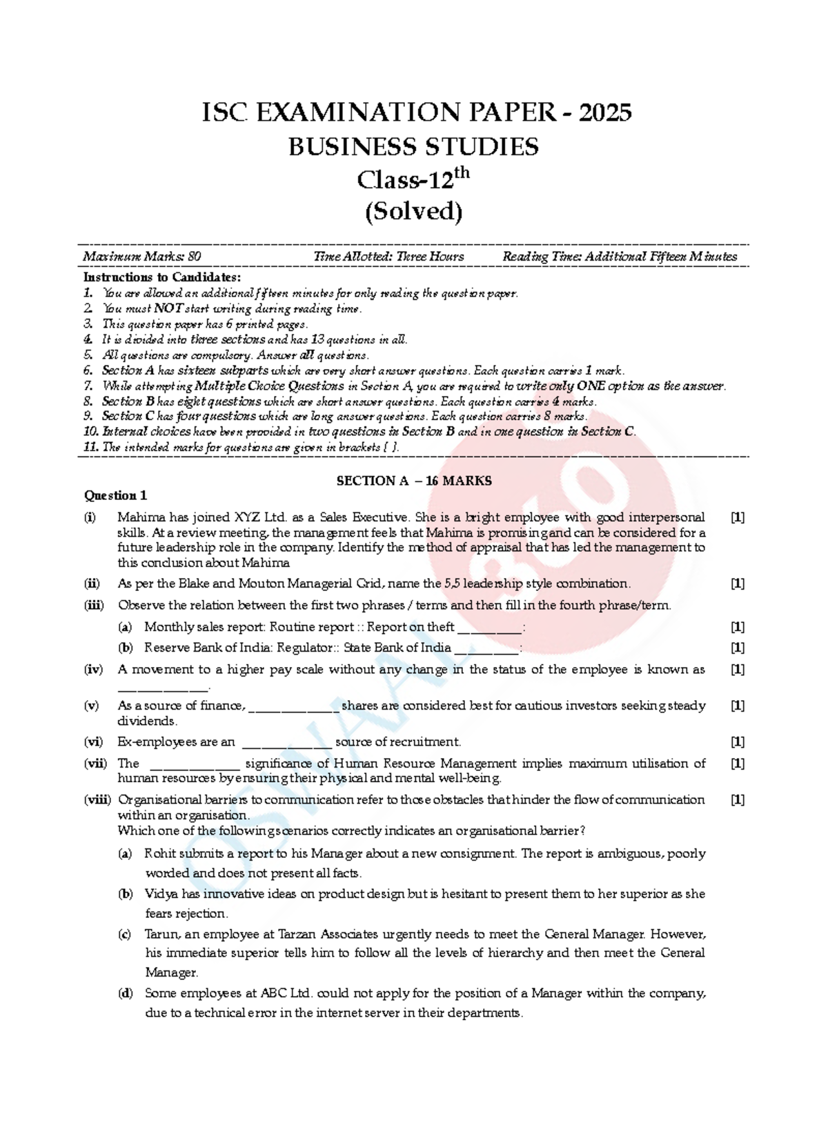 ISC 2025 Business Studies Examination Paper (Solved) - Studocu
