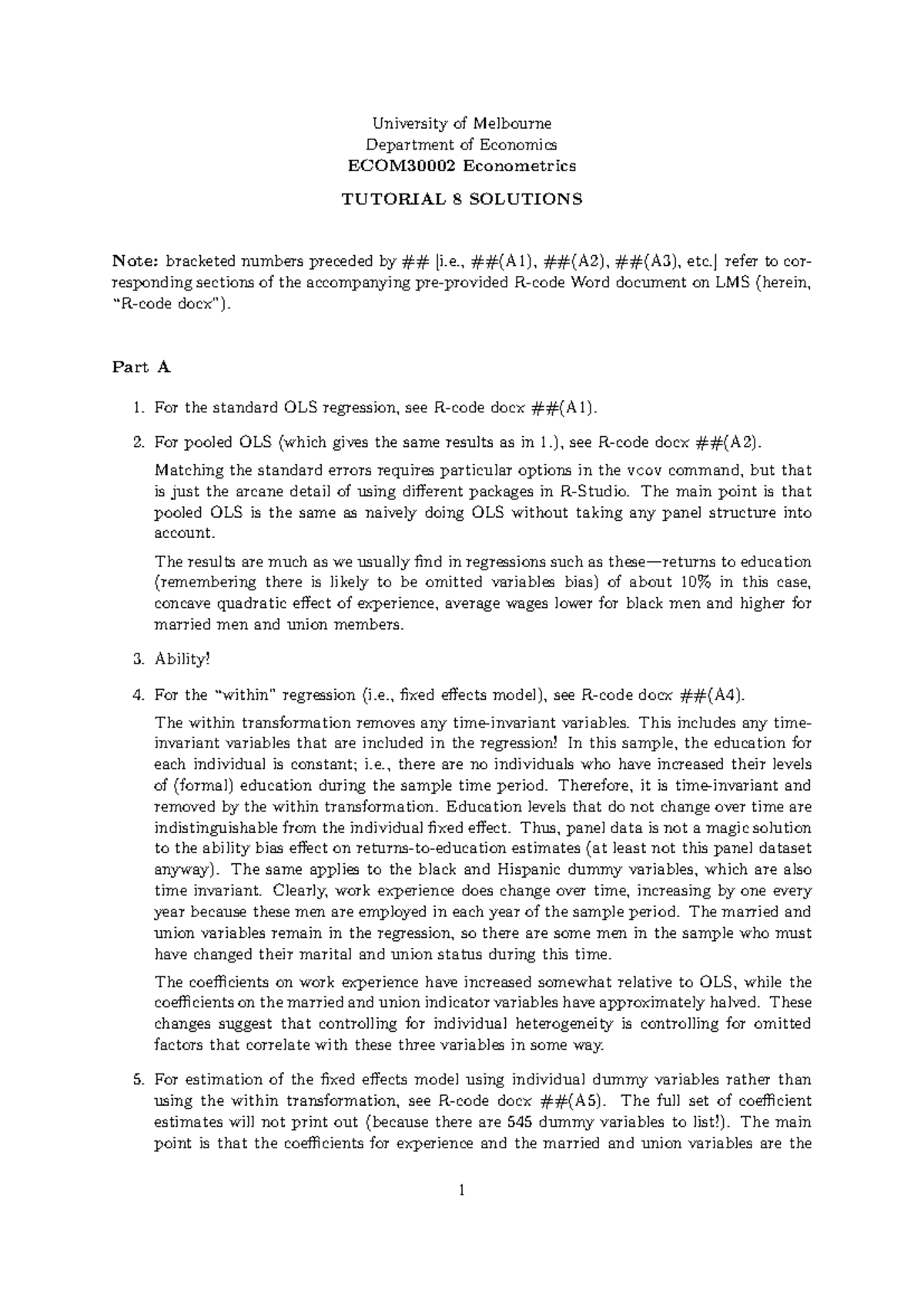 Tutorial 8 Solutions - University of Melbourne Department of Economics ...