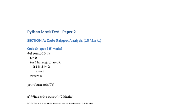 Python Mock Test Paper 2: Code Snippet Analysis - Studocu