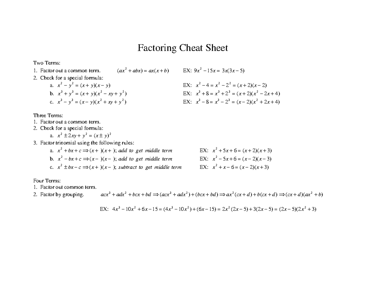 Factoring Rules Cheat Sheet: Two to Four Terms - Studocu