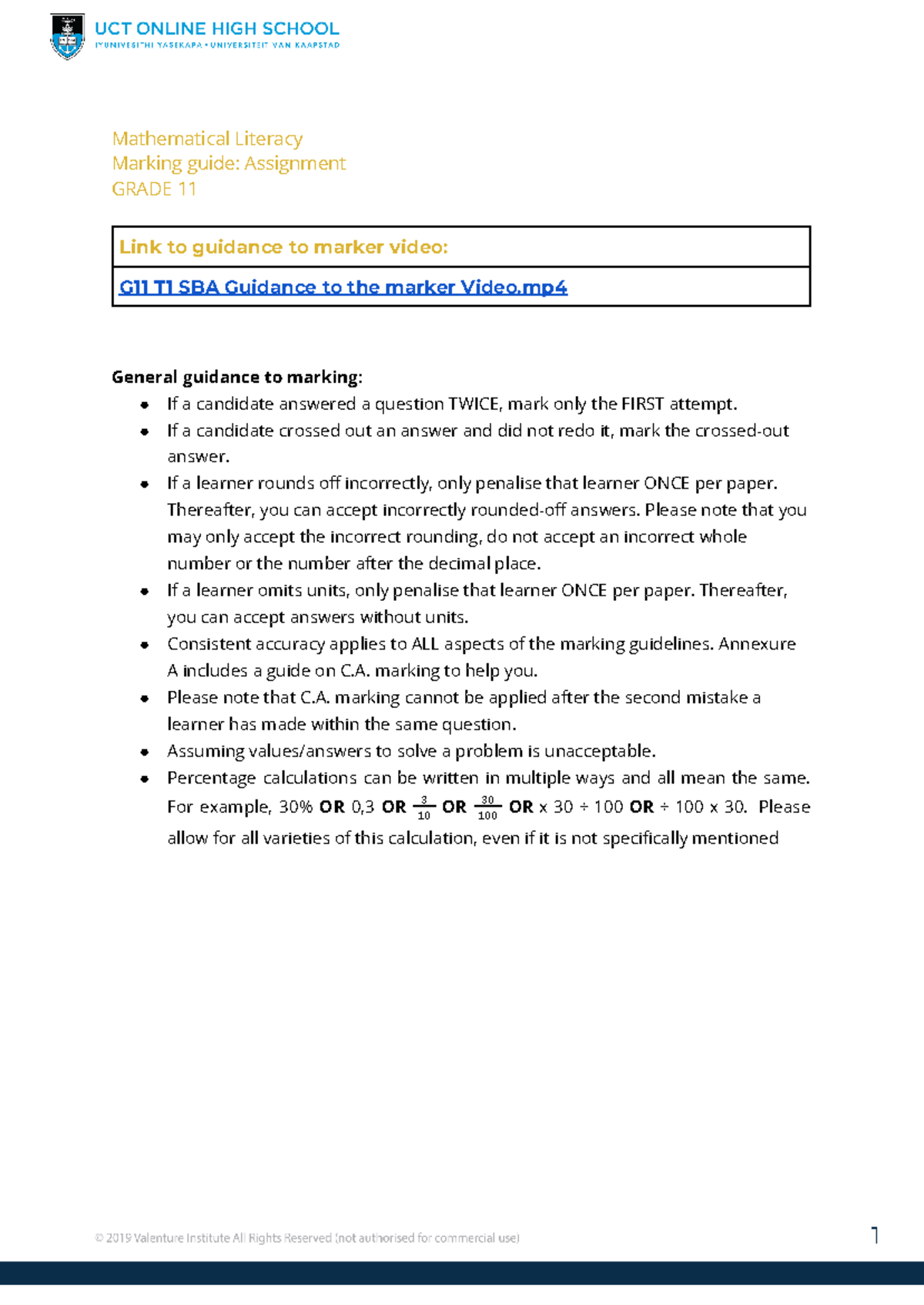 G11 Mathematical Literacy T1 SBA Assignment Marking Guide - Studocu