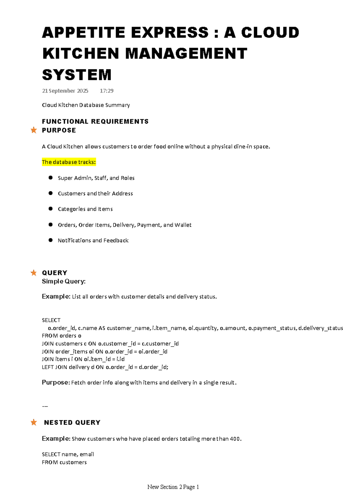 APPETITE EXPRESS: CLOUD KITCHEN DB MANAGEMENT SYSTEM - Studocu