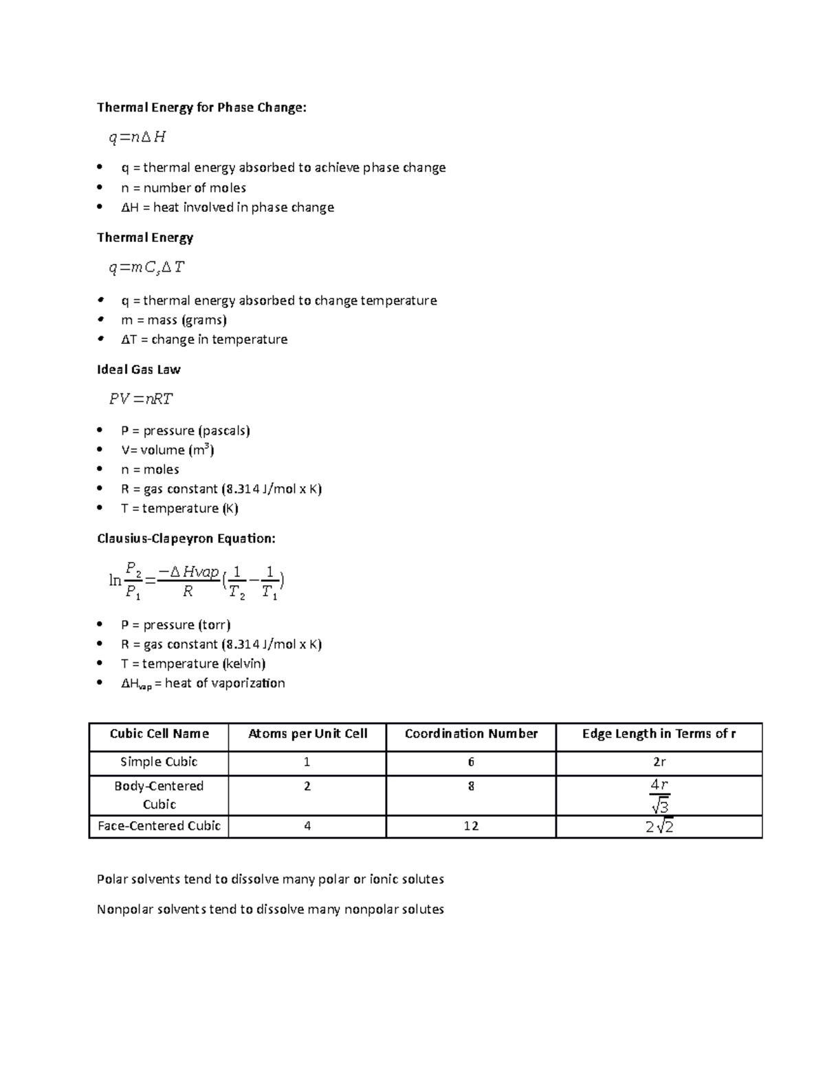 Chemistry II - Test 1 Study Notes on Thermal Energy & Phase Changes ...