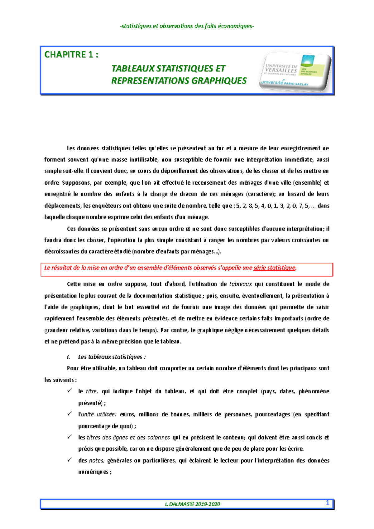 Chapitre 1 : Tableaux Statistiques et Représentations Graphiques - 1 ...