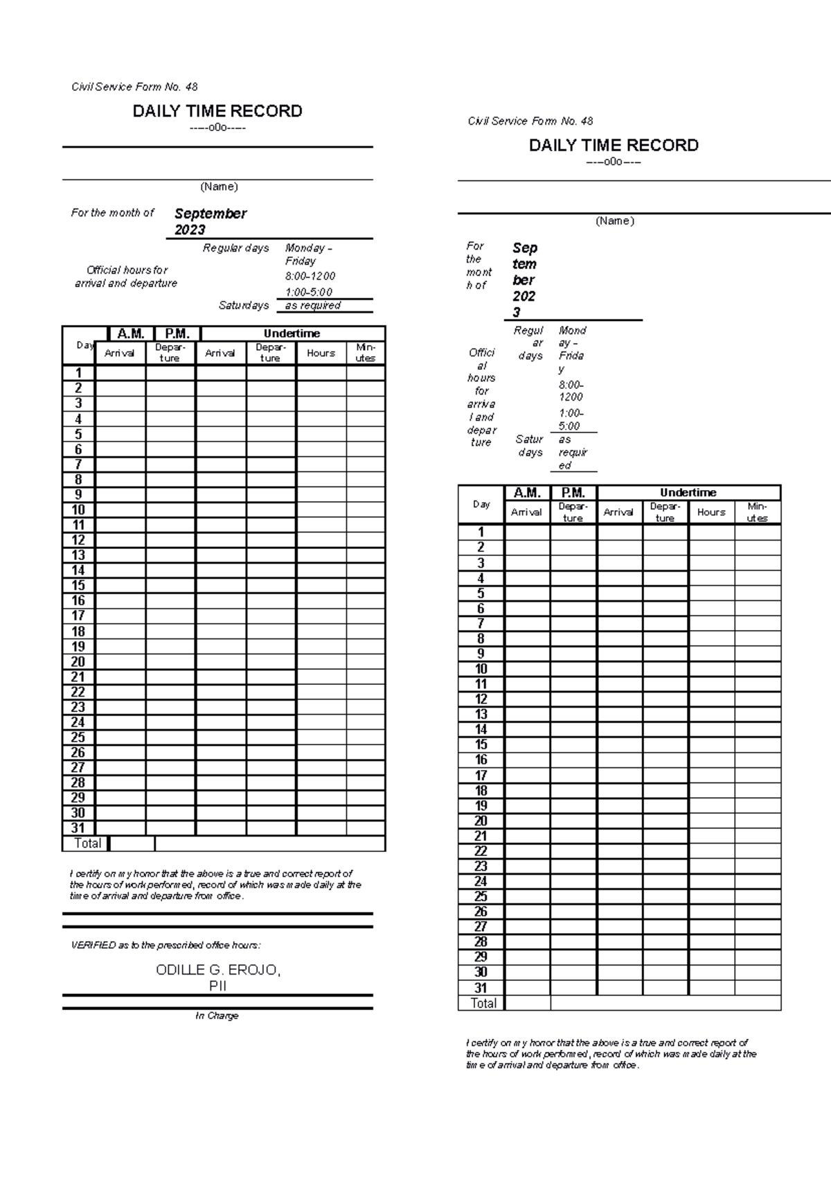 DTR-new - Civil Service Form No. 48 DAILY TIME RECORD -o0o- (Name) For ...