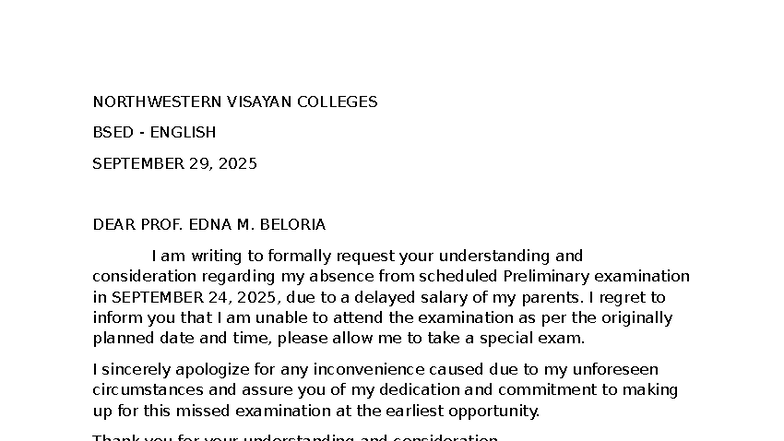 BSED English - Excuse Letter for Preliminary Exam Absence - Studocu