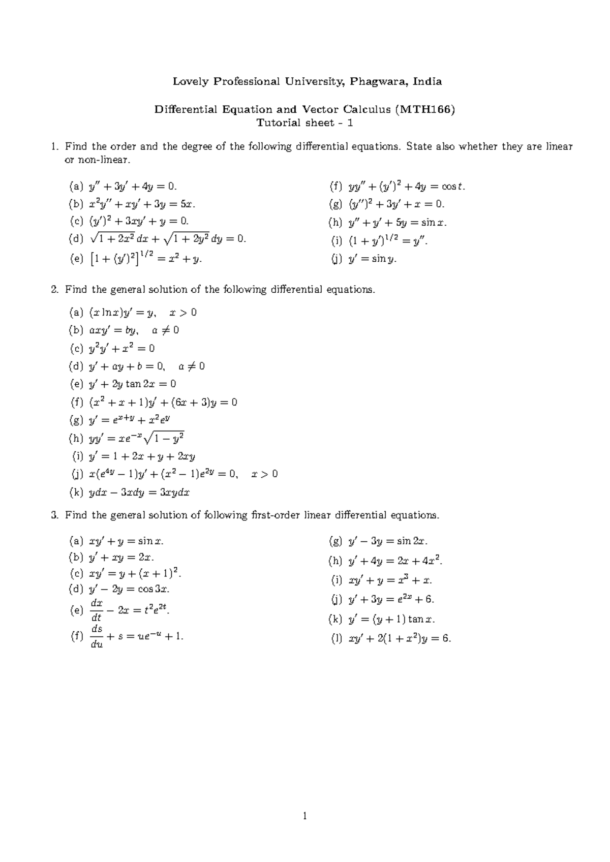 MTH166 Differential Equations & Vector Calculus - Tutorial Sheet 1 ...