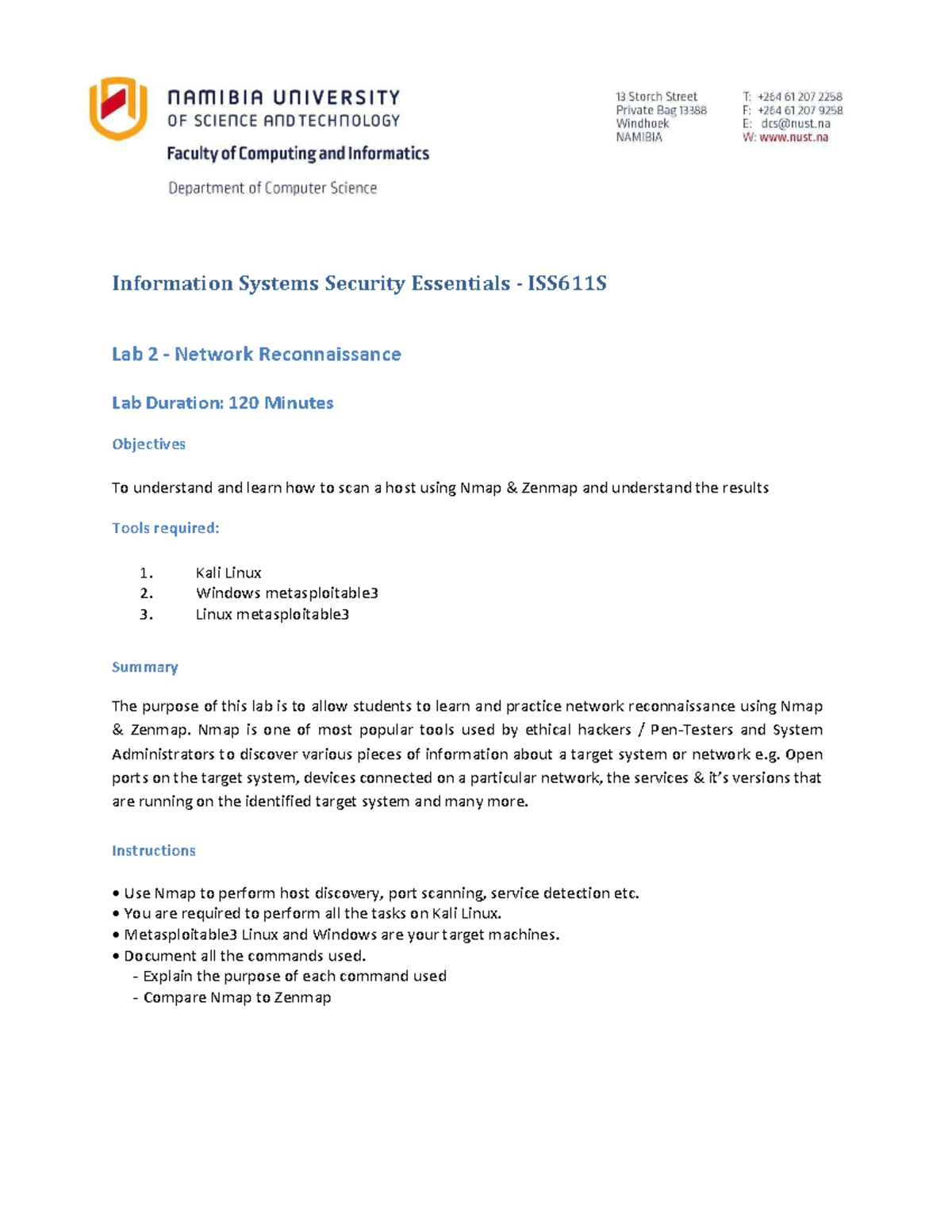 Lab 2: Network Reconnaissance with Nmap & Zenmap - ISS611S - Studocu