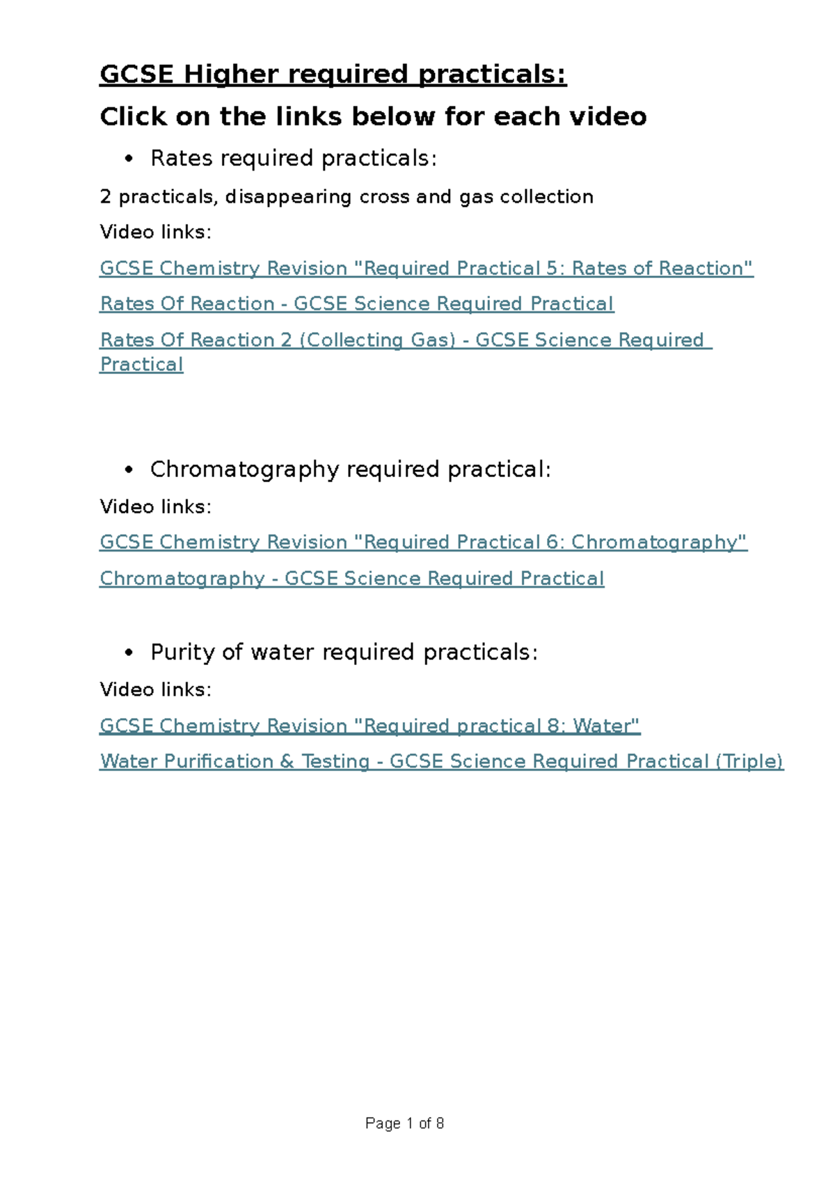 C2 Chemistry Required Practicals: Rates, Chromatography & Water Purity ...