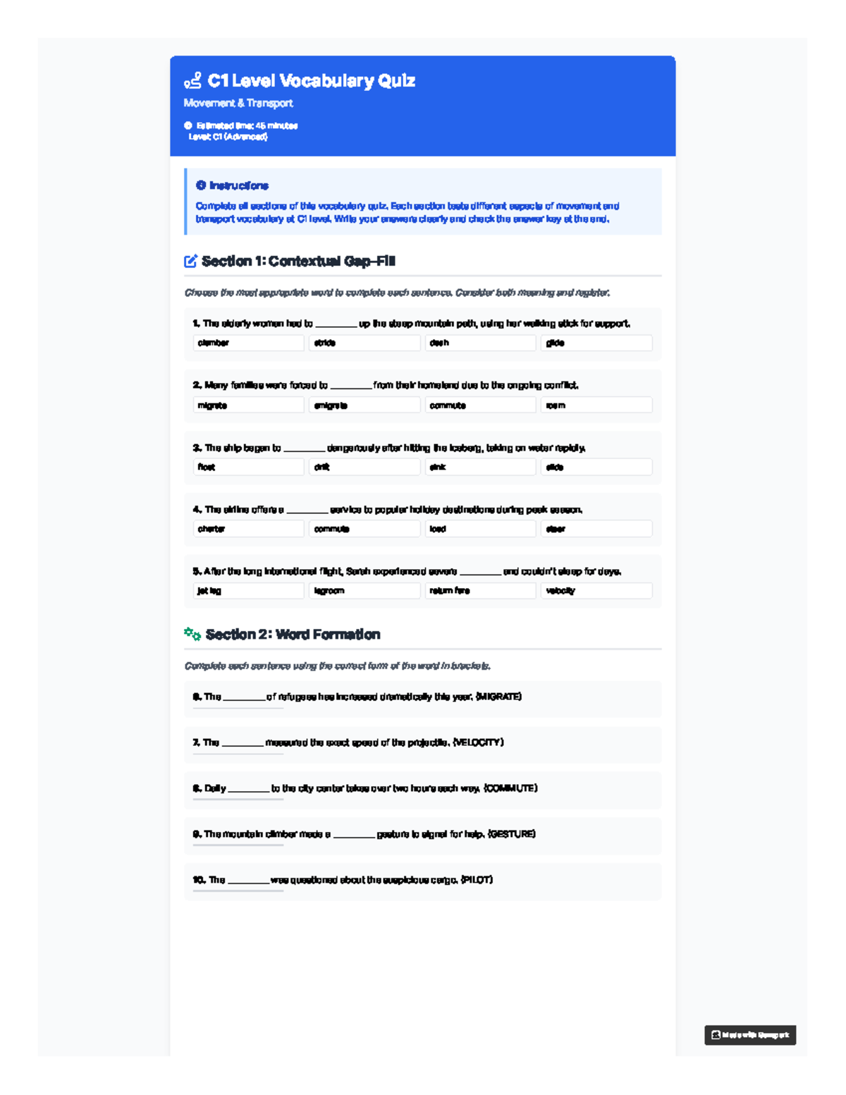 C1 Level Vocabulary Quiz: Movement & Transport - Studocu