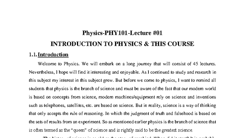 Lec1: Intro to Physics - Course Overview and Key Concepts - Studocu