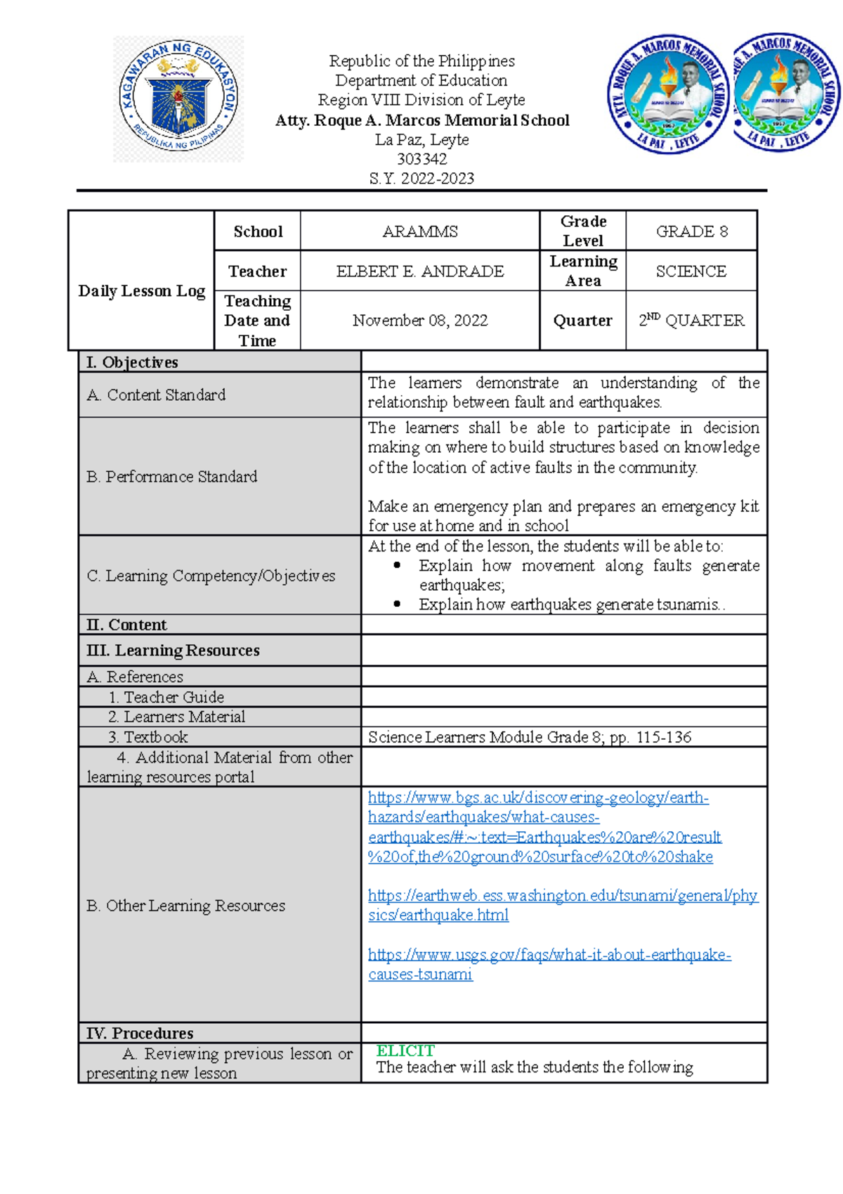 Lesson Plan on Faults and Earthquakes - Grade 8 Science 113050 - Studocu