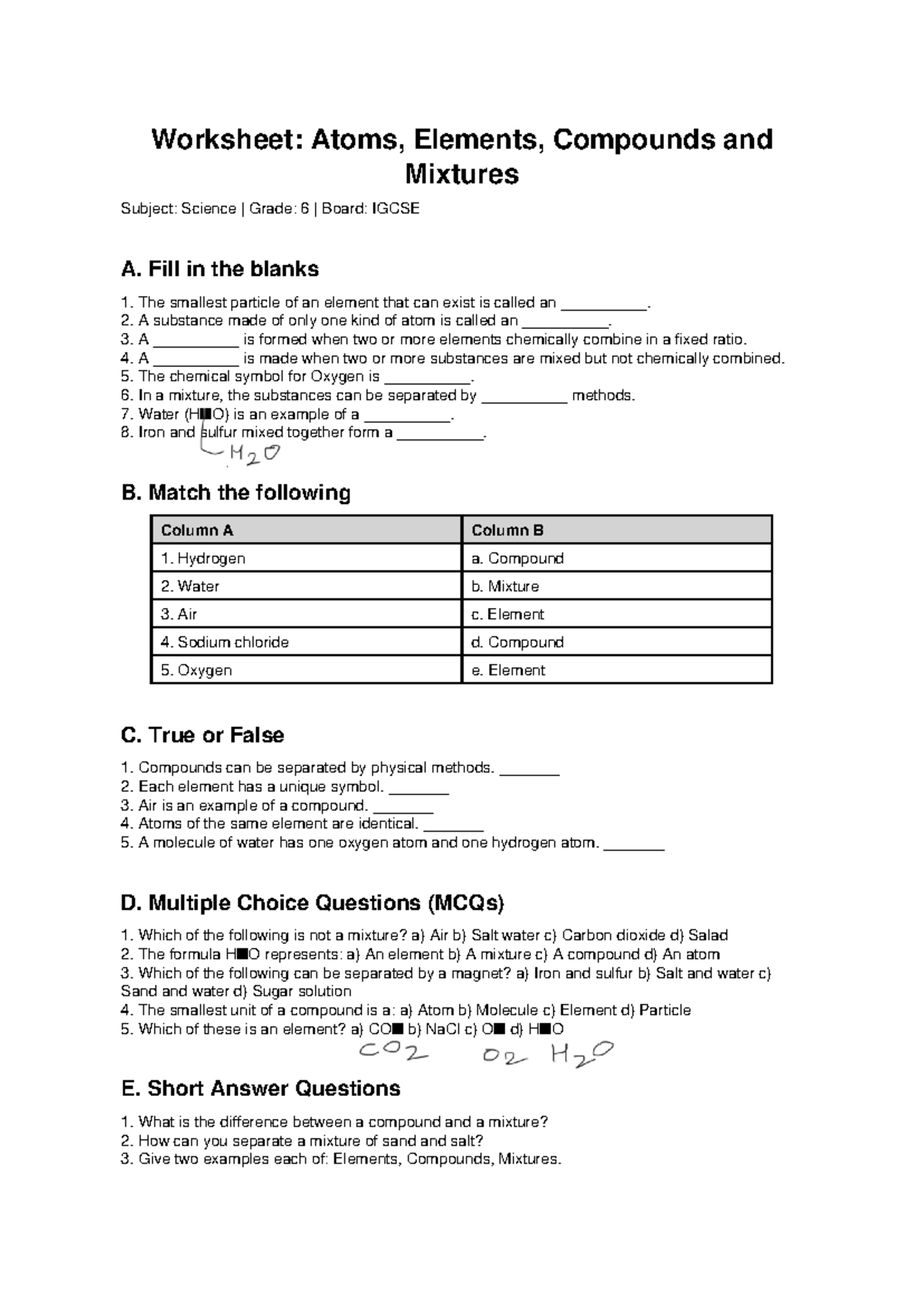 Worksheet: Atoms, Elements, Compounds & Mixtures - Grade 6 IGCSE - Studocu