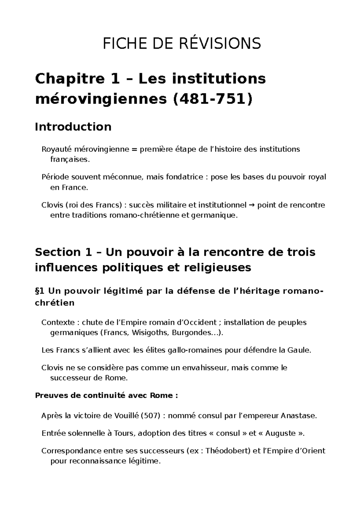 FICHE DE RÉVISIONS Histoire du Droit - Chapitres 1 à 3 - Studocu