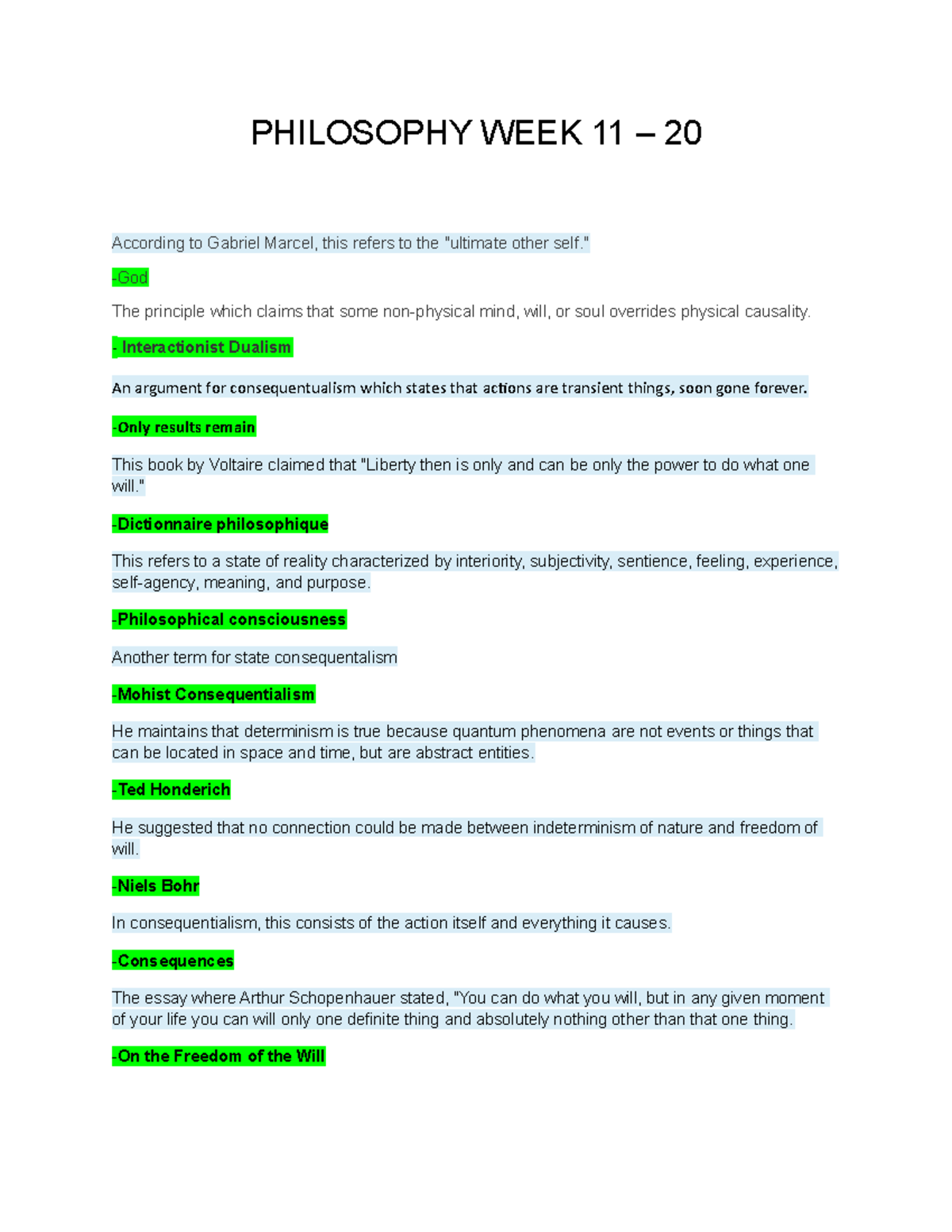 Grade 12 Philosophy Weekly Notes: Concepts from Weeks 11-20 - Studocu