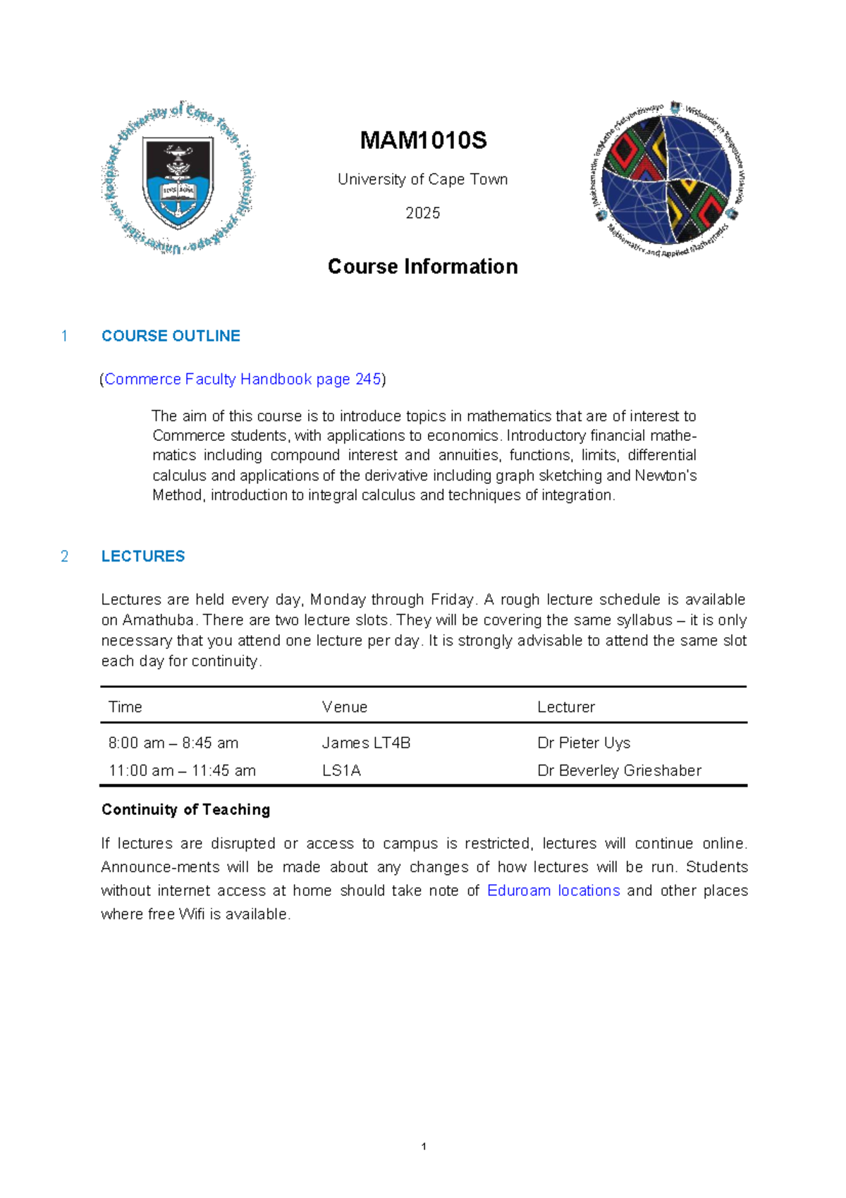 MAM1010S UCT 2025 Course Outline & Lecture Schedule - Studocu