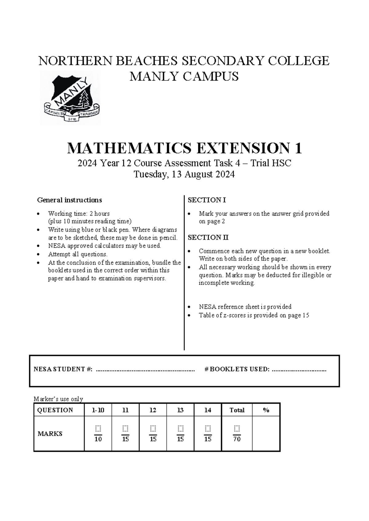 2024 NBSC Manly Campus - Mathematics Extension 1 Trial HSC Exam - Studocu
