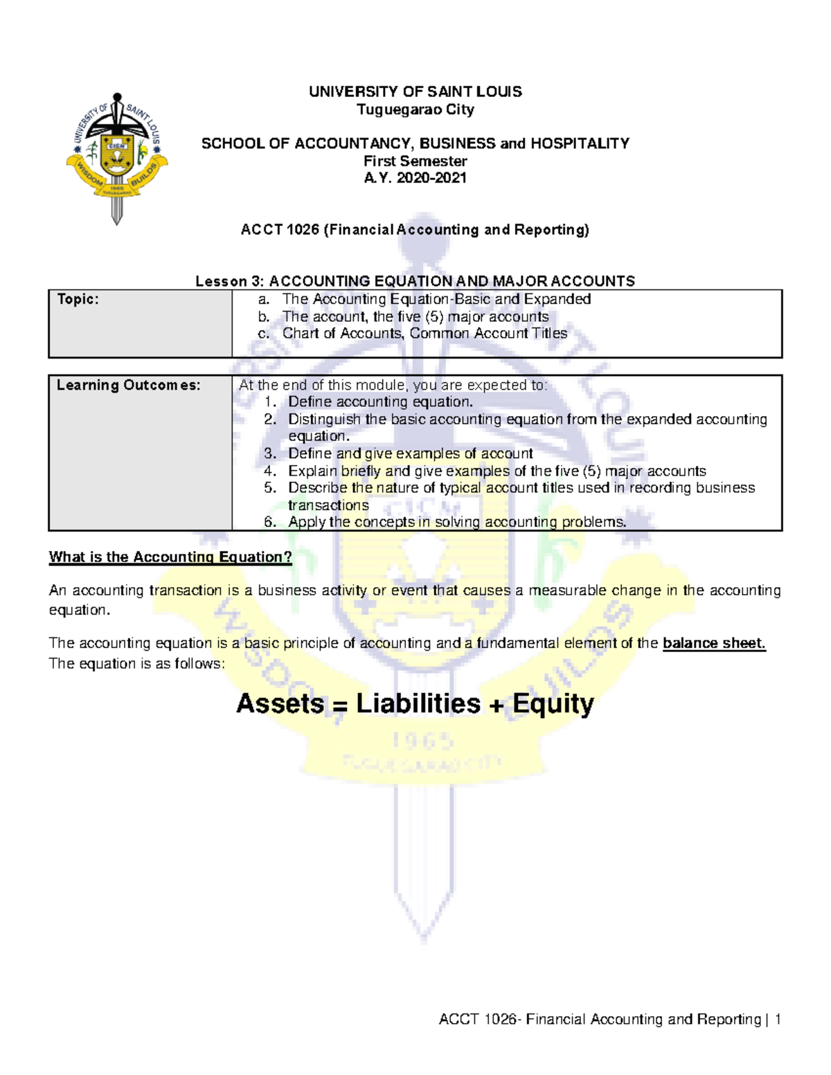 ACCT 1026 Lesson 3 - Accounting - UNIVERSITY OF SAINT LOUIS Tuguegarao ...
