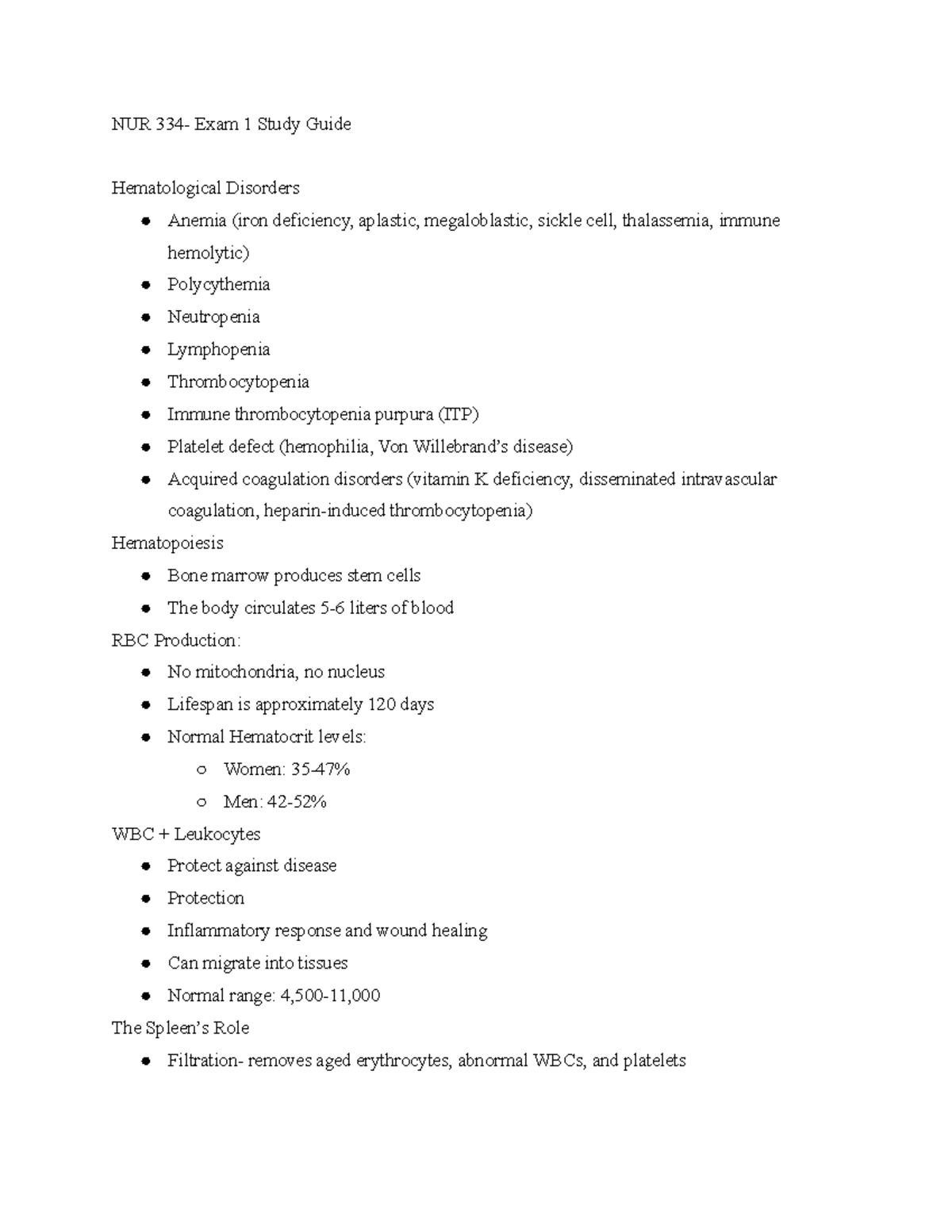NUR 334 Exam 1 Study Guide: Hematological Disorders Overview - Studocu