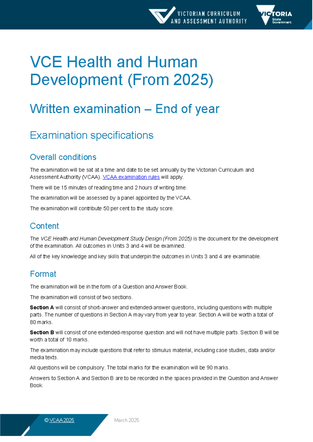 VCE Health and Human Development 2025 End of Year Exam Specifications ...