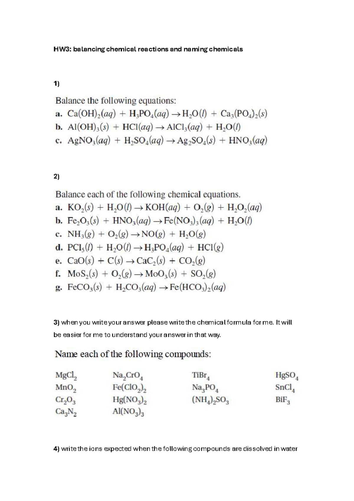 HW3-naming compound and balancing chemical reaction - CHEM 120A - HW3 ...