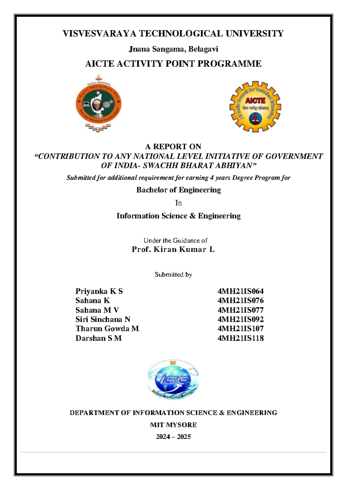AICTE Activity Report: Swachh Bharat Initiative by ISE Students (4MH21 ...