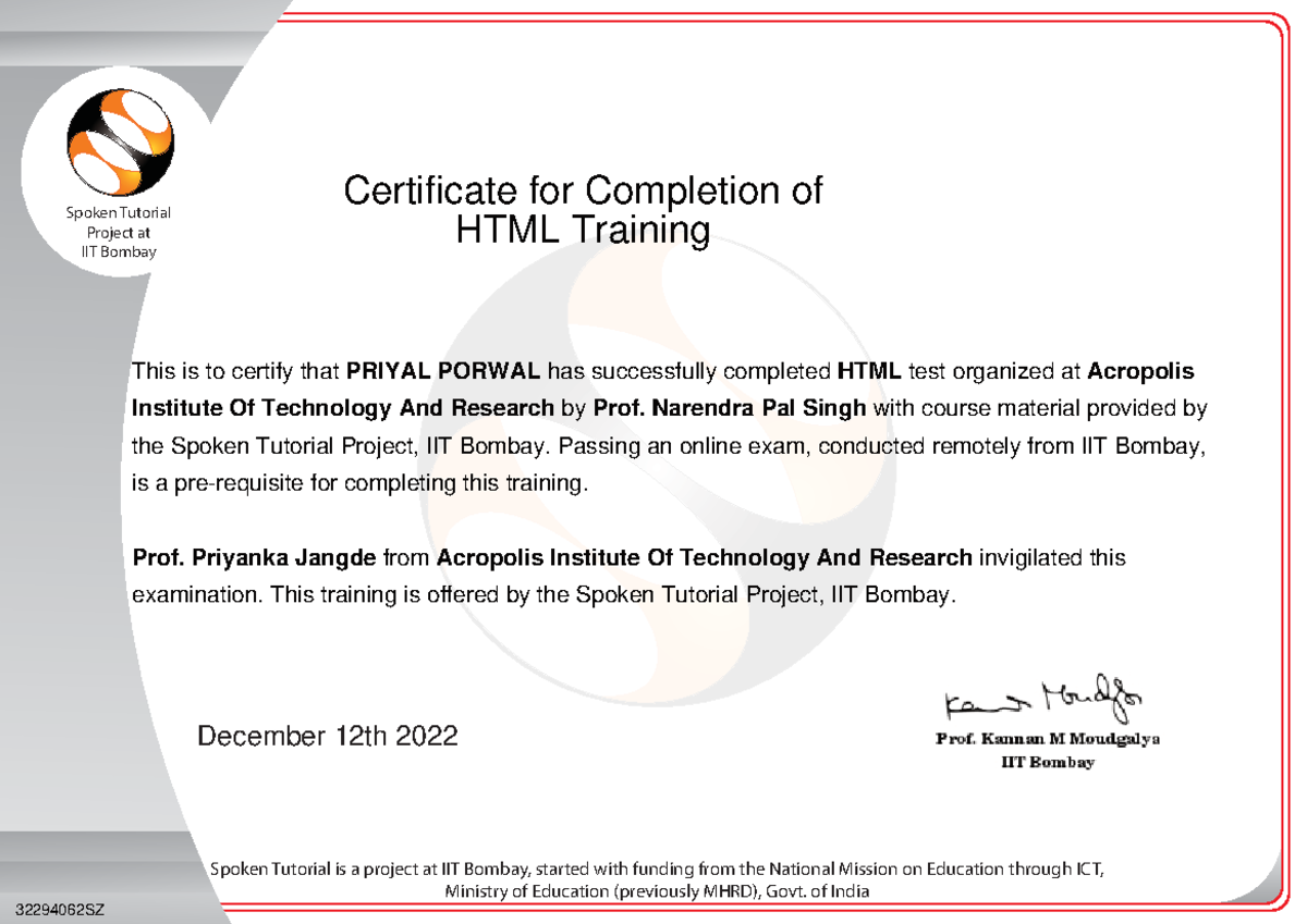 HTML Training Completion Certificate - Priyal Porwal - IIT Bombay - Studocu