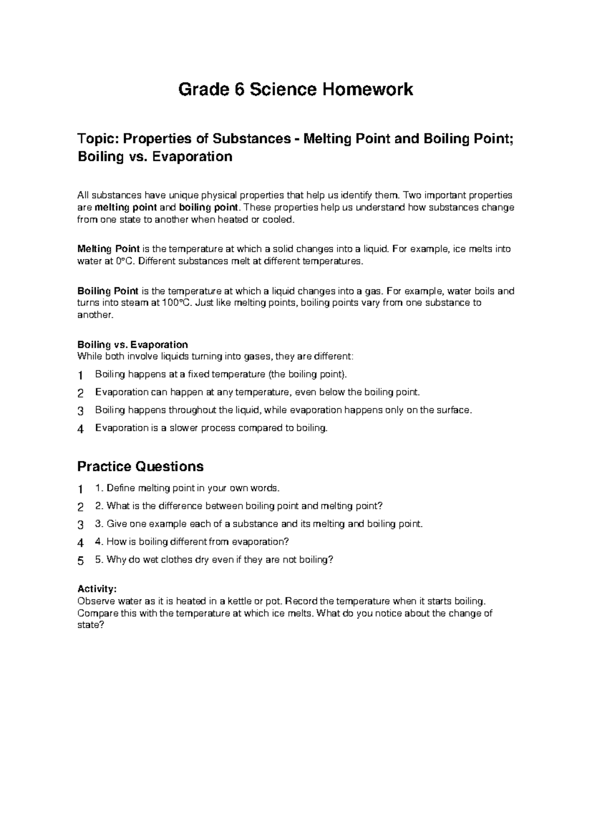 Grade 6 Science Homework: Properties of Substances & Phase Changes ...