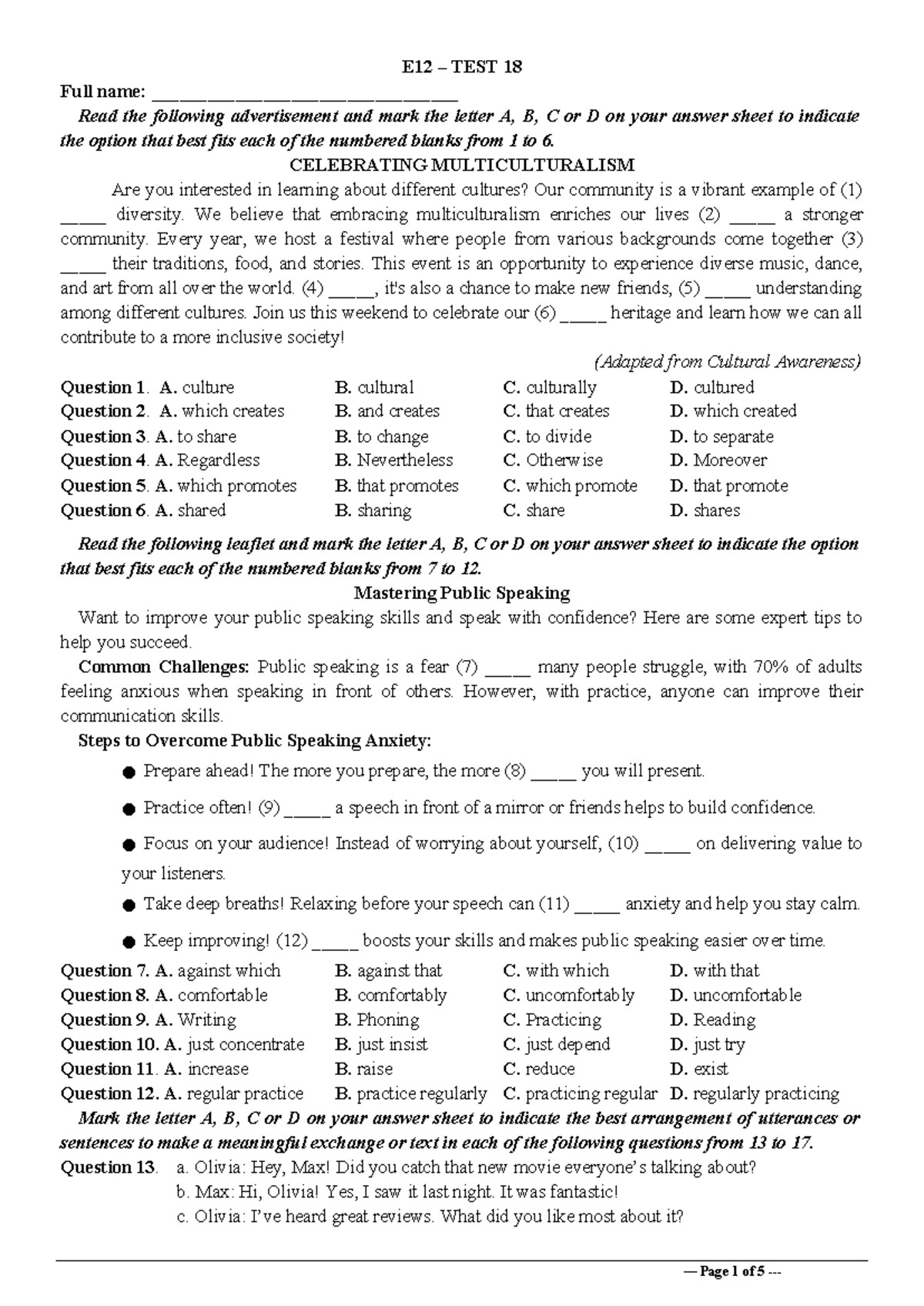 E12-TEST-18: Multiculturalism & Public Speaking Practice - Studocu