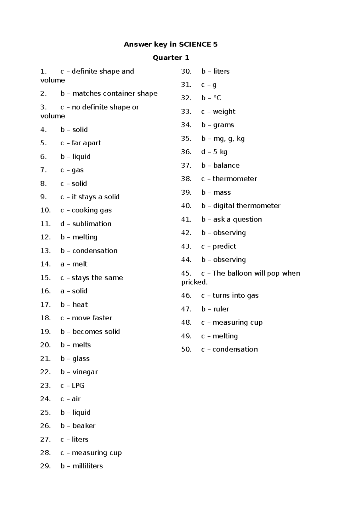 Answer Key for SCIENCE 5 Quarter 1 (25-26) - Studocu