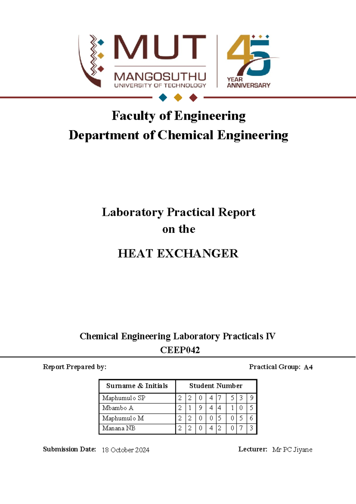 Group A4 CEEP042 Lab Report: Performance of Heat Exchanger - Studocu