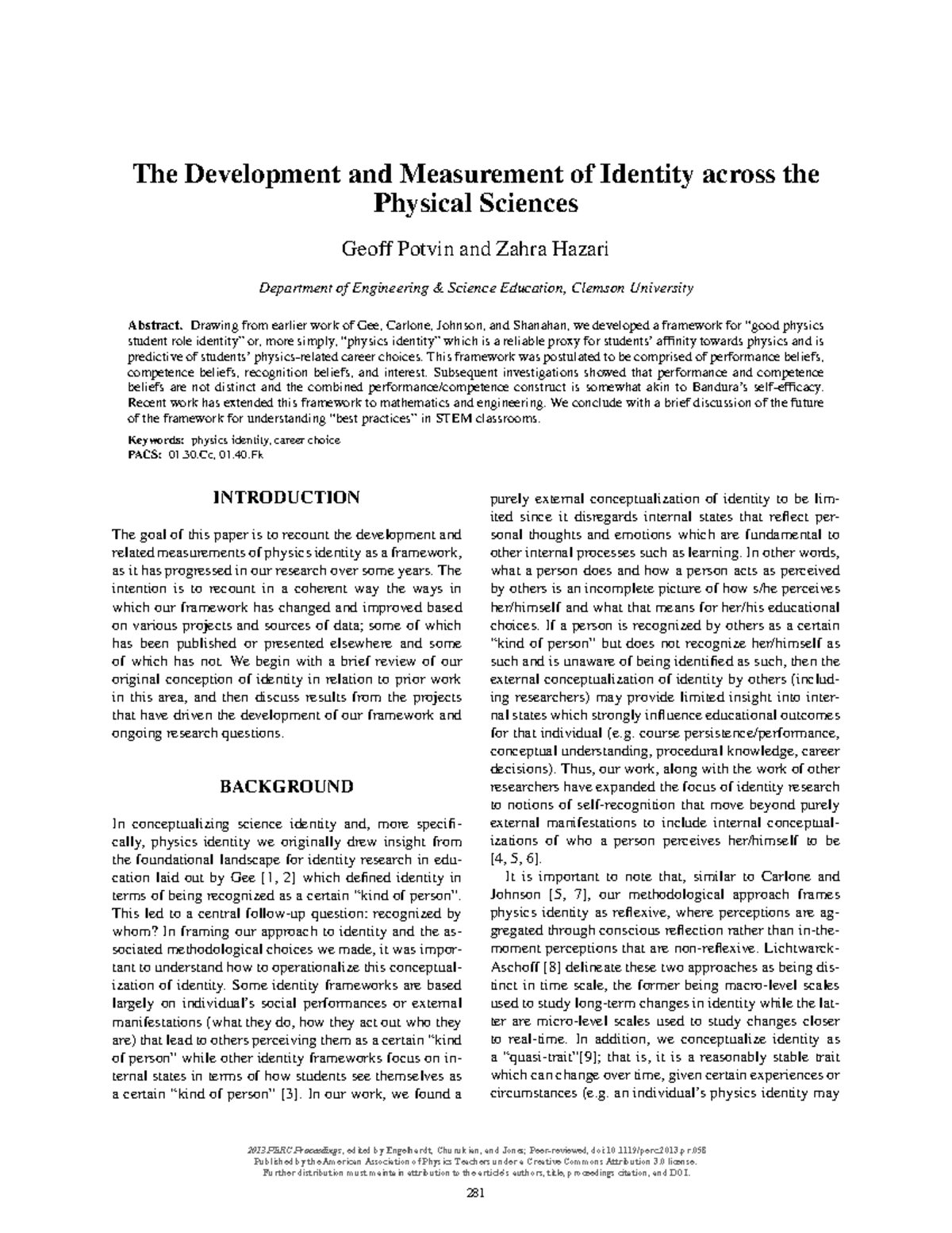 PERC13: Development and Measurement of Physics Identity Framework - Studocu
