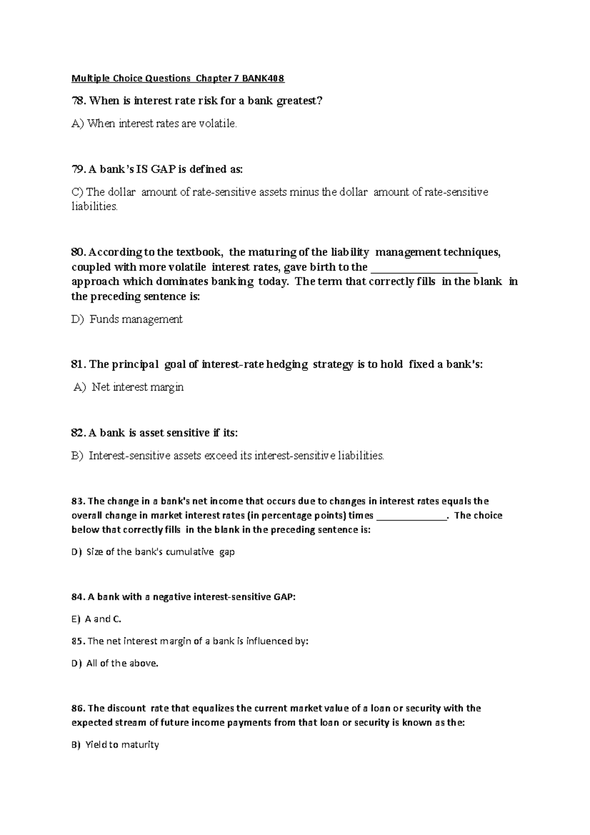 Multiple Choice Questions: Chapter 7 - Bank Management (bank408) - Studocu