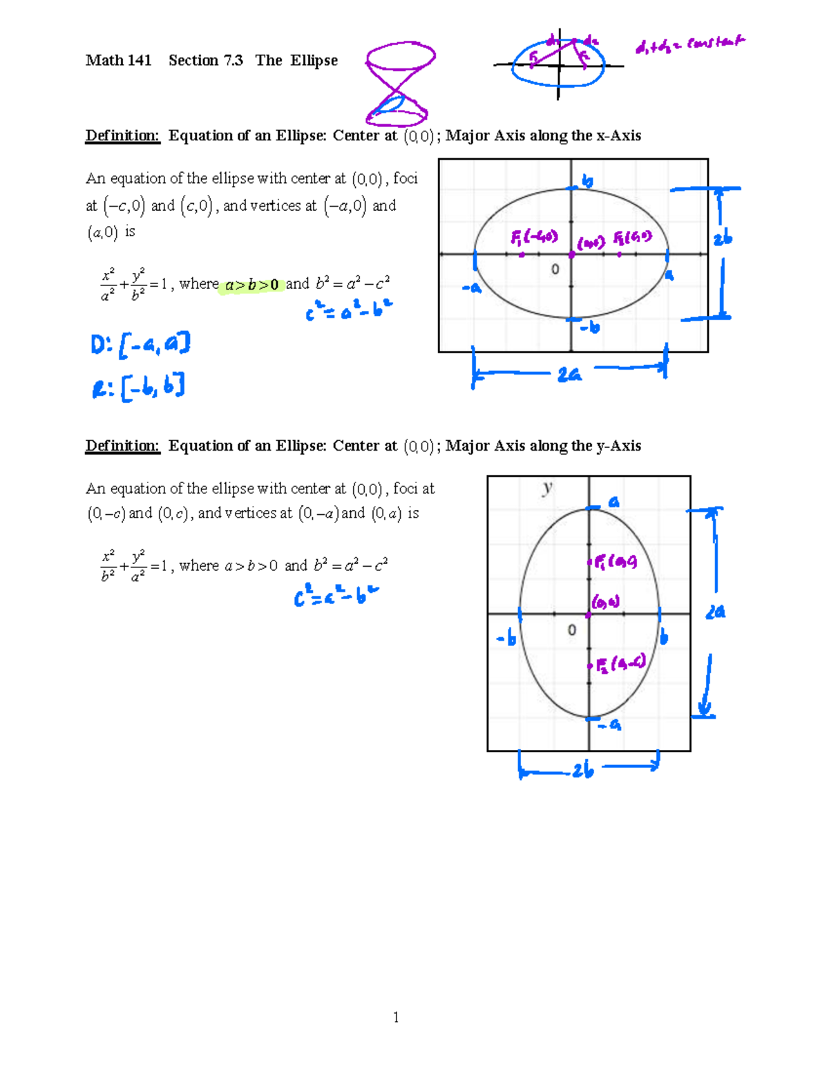 Math 141: Equations and Properties of an Ellipse - Section 7.3 - Math ...