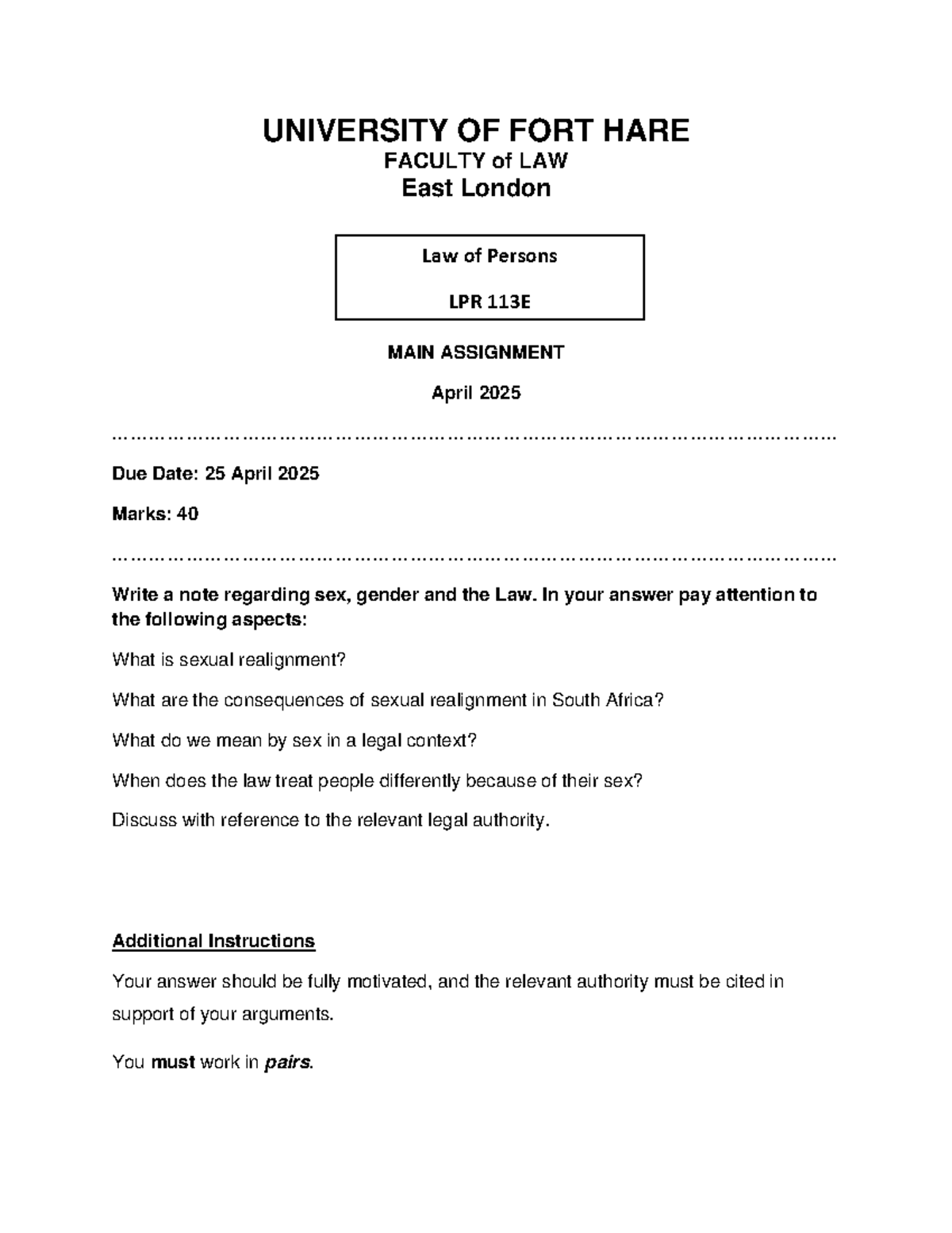 LPR 113E Main Assignment: Sex, Gender, and the Law - April 2025 - Studocu