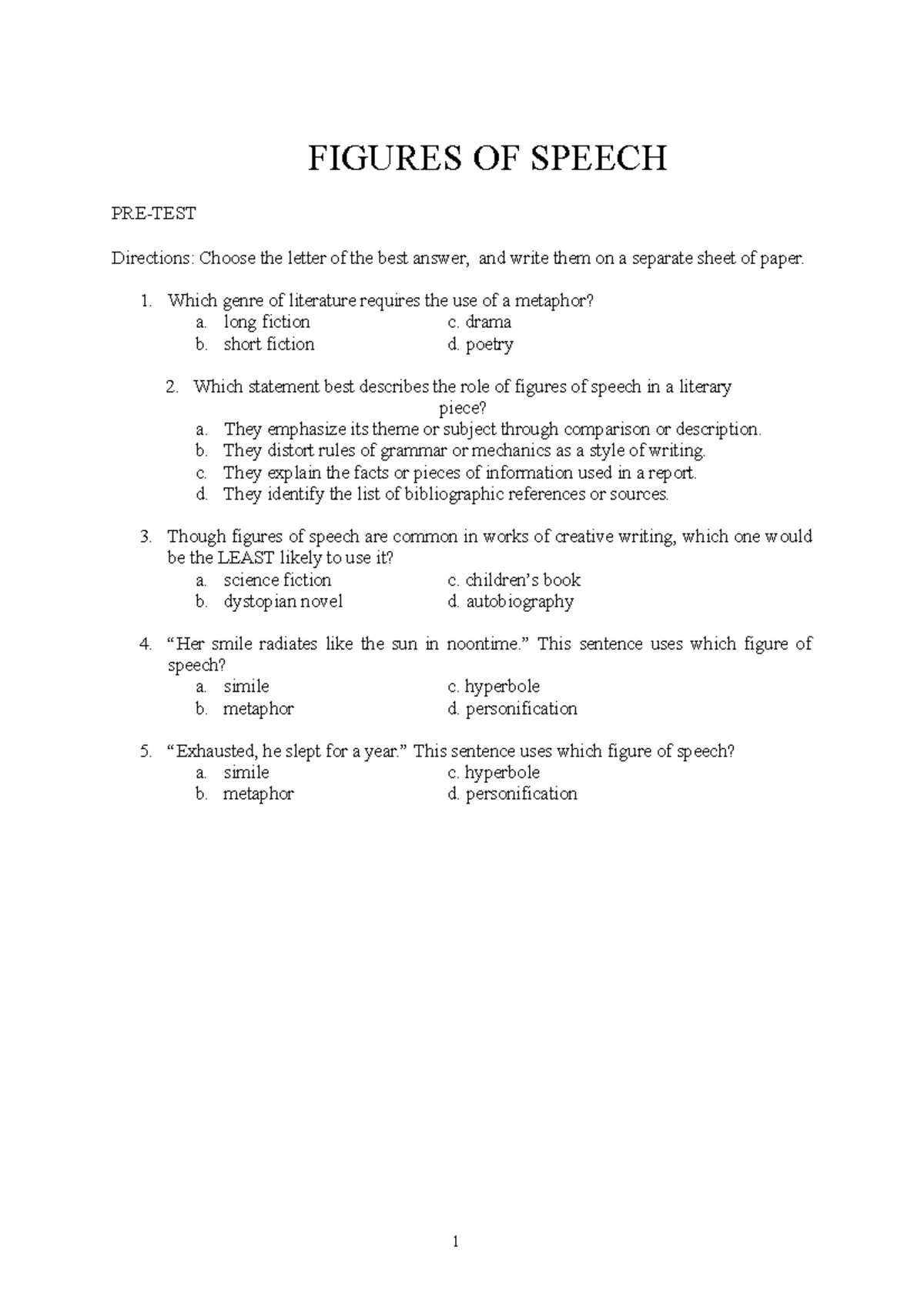 Figures OF Speech Module - FIGURES OF SPEECH PRE-TEST Directions ...