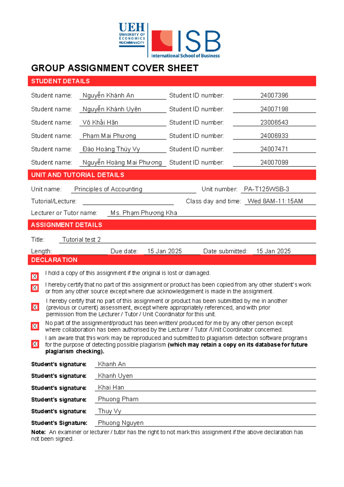 PA3 T101 Group Assignment Cover Sheet - Tutorial Test 2 - Studocu