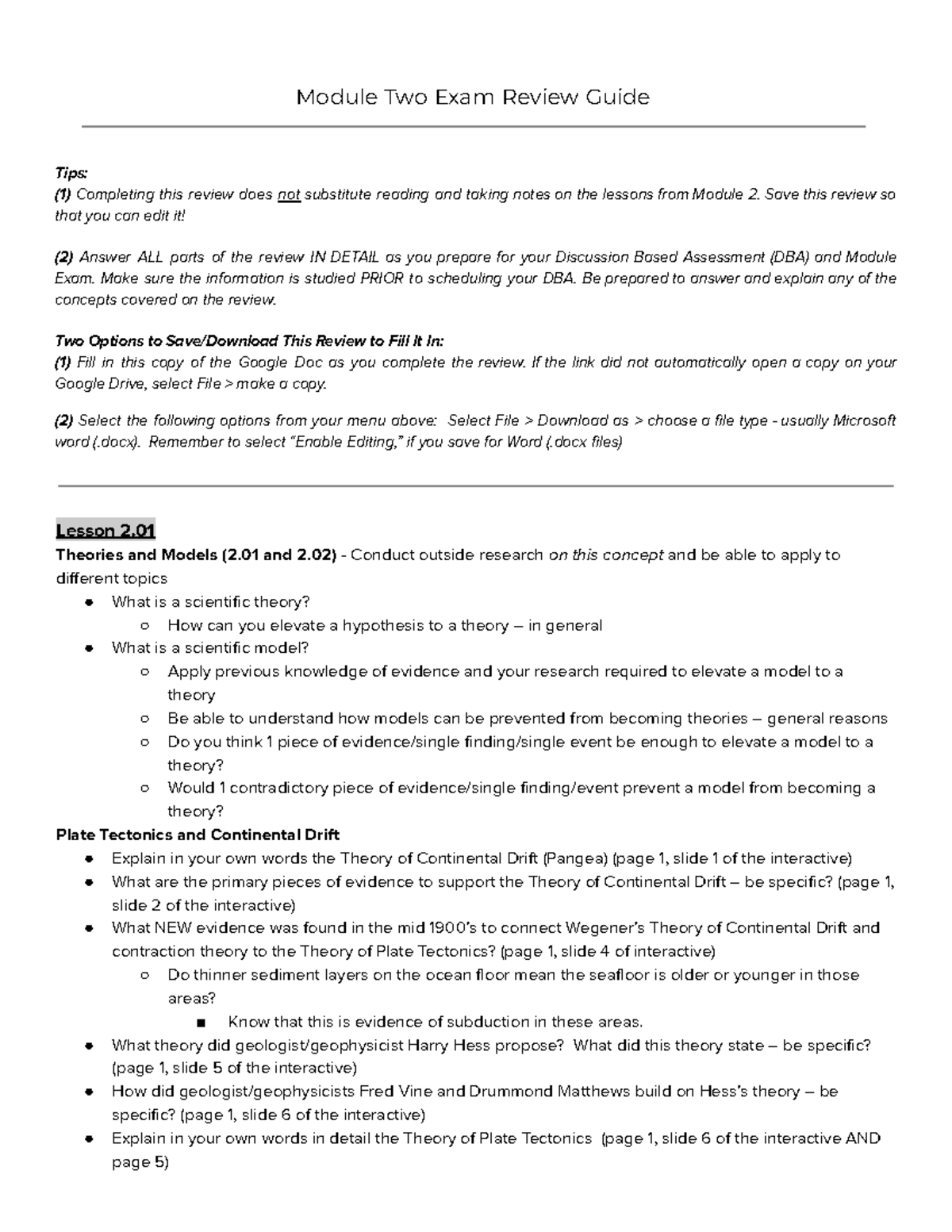 Module 2 Exam Review Guide: Theories, Models, and Earth Science ...