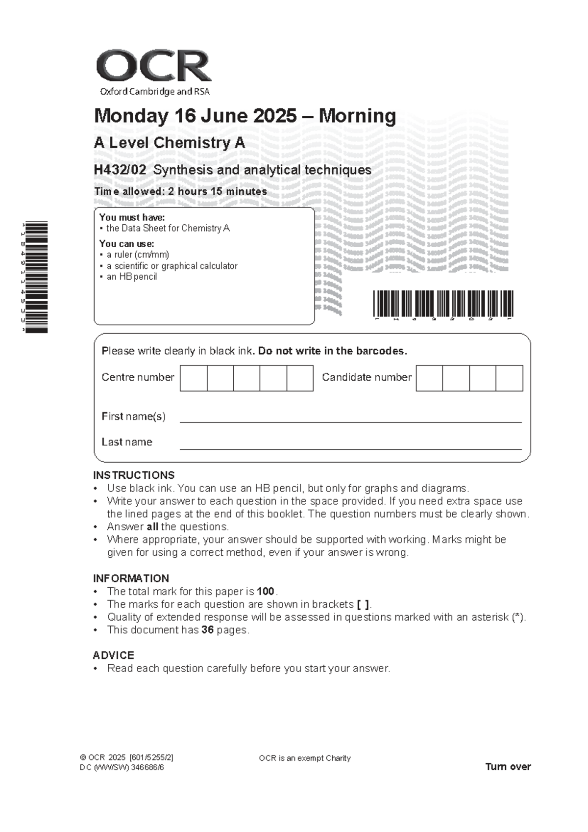 A Level Chemistry Exam Paper - June 2025 (H43202) - Studocu