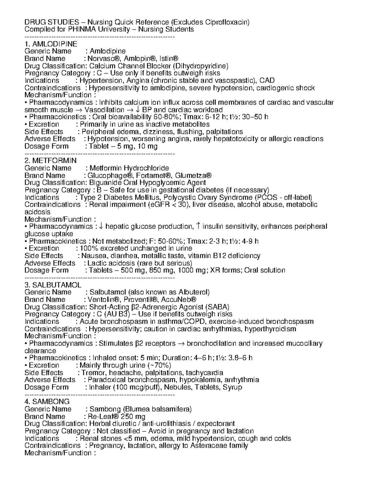 Nursing Quick Reference for Drug Studies (Nursing 101) - Studocu