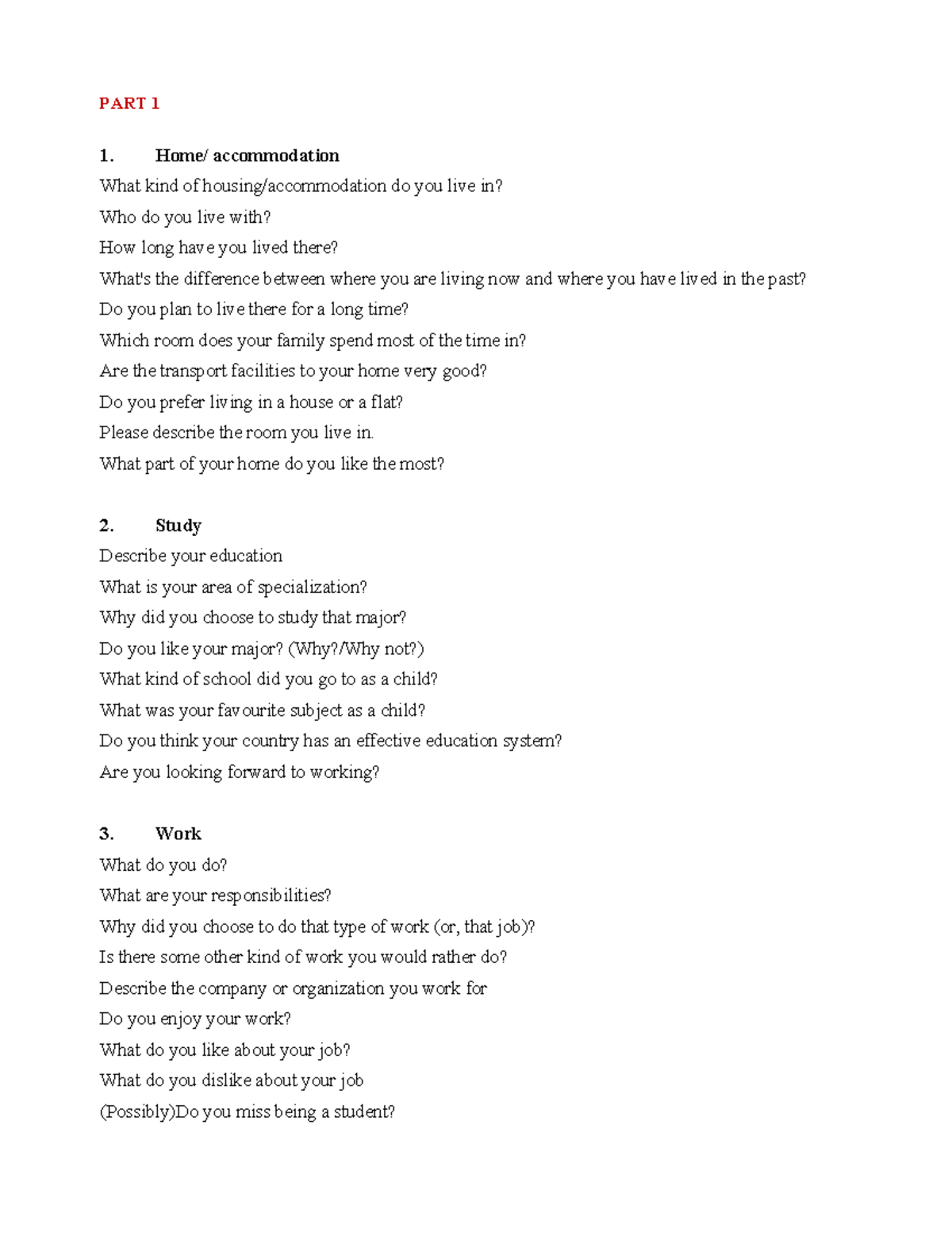 Speaking Questions P123: Accommodation, Study, Work, and More - Studocu