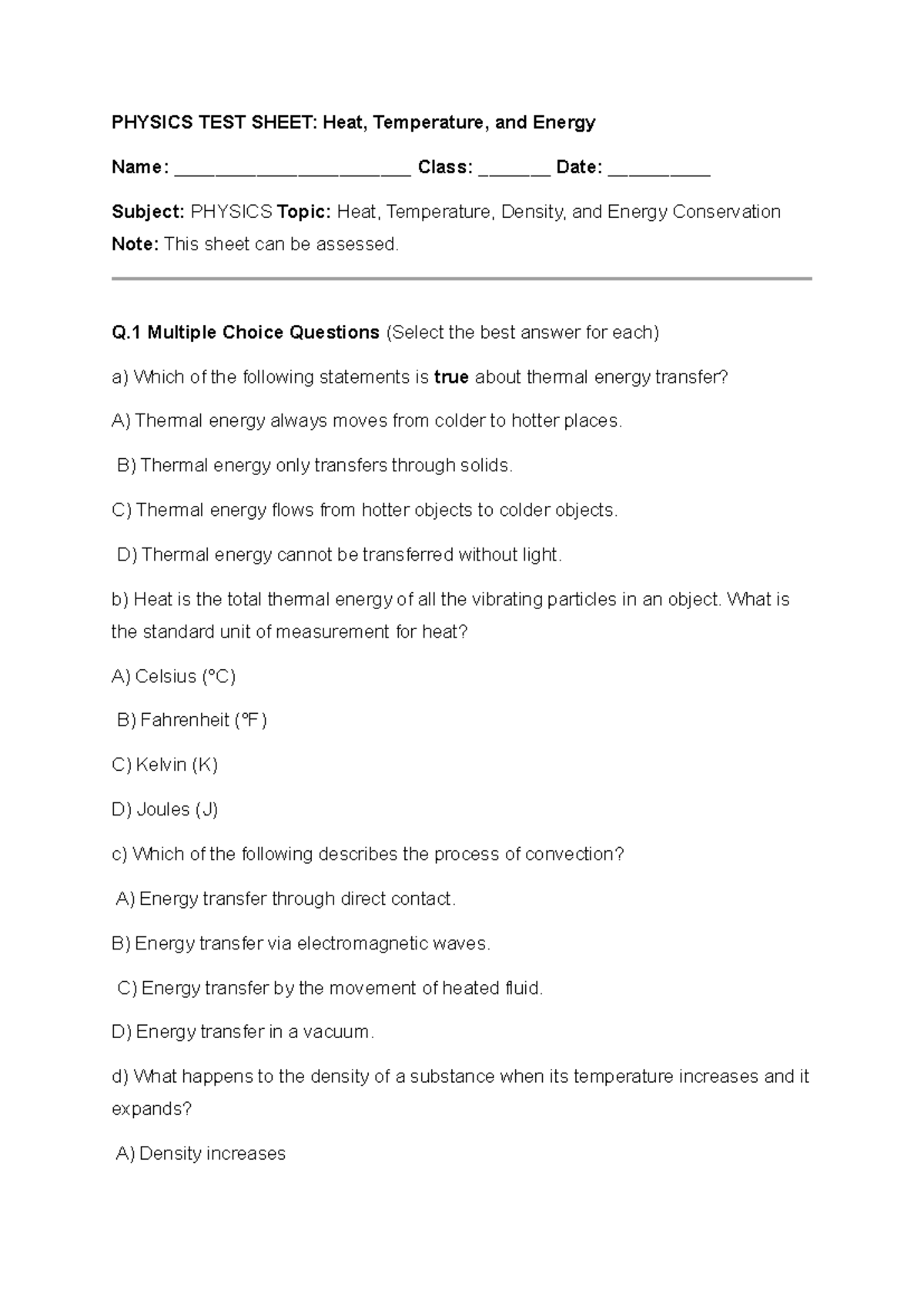 PHYSICS TEST SHEET: Heat, Temperature, and Energy Concepts - Studocu
