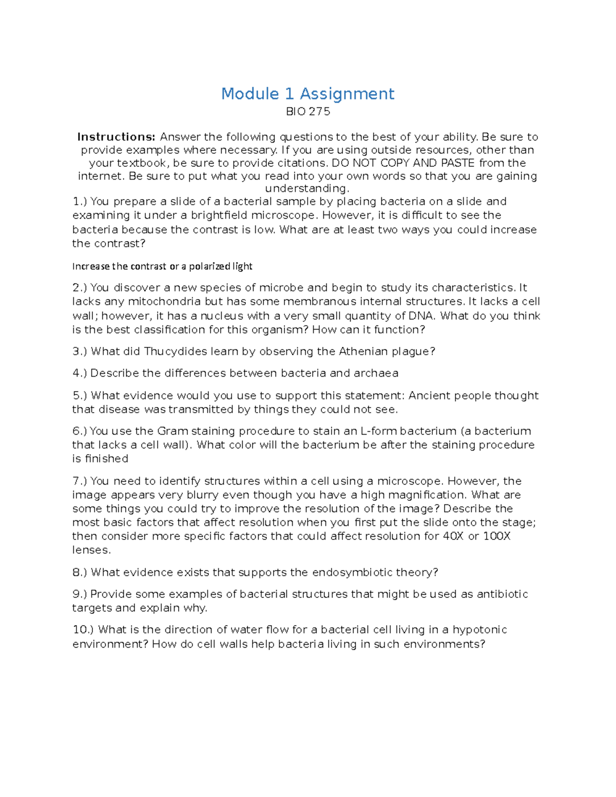 BIO 275 Module 1 Assignment: Exploring Microbial Characteristics and ...